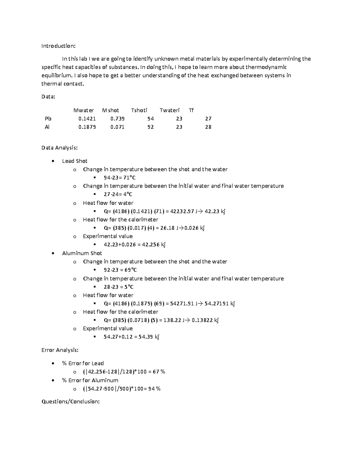 Specific Heat Lab - Lab Report - Introduction: In this lab I we are ...