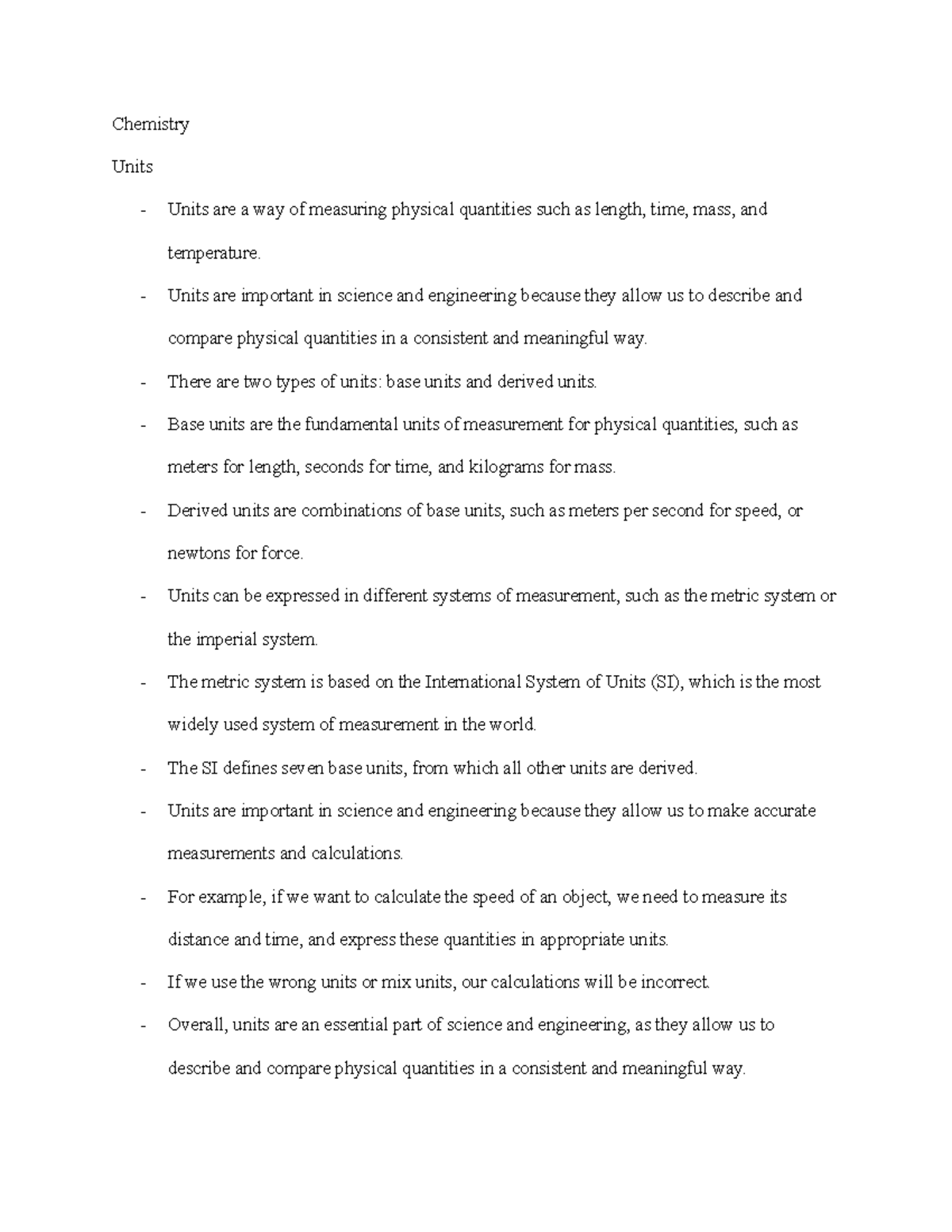 Chemistry-Units - units notes - Chemistry Units - Units are a way of ...