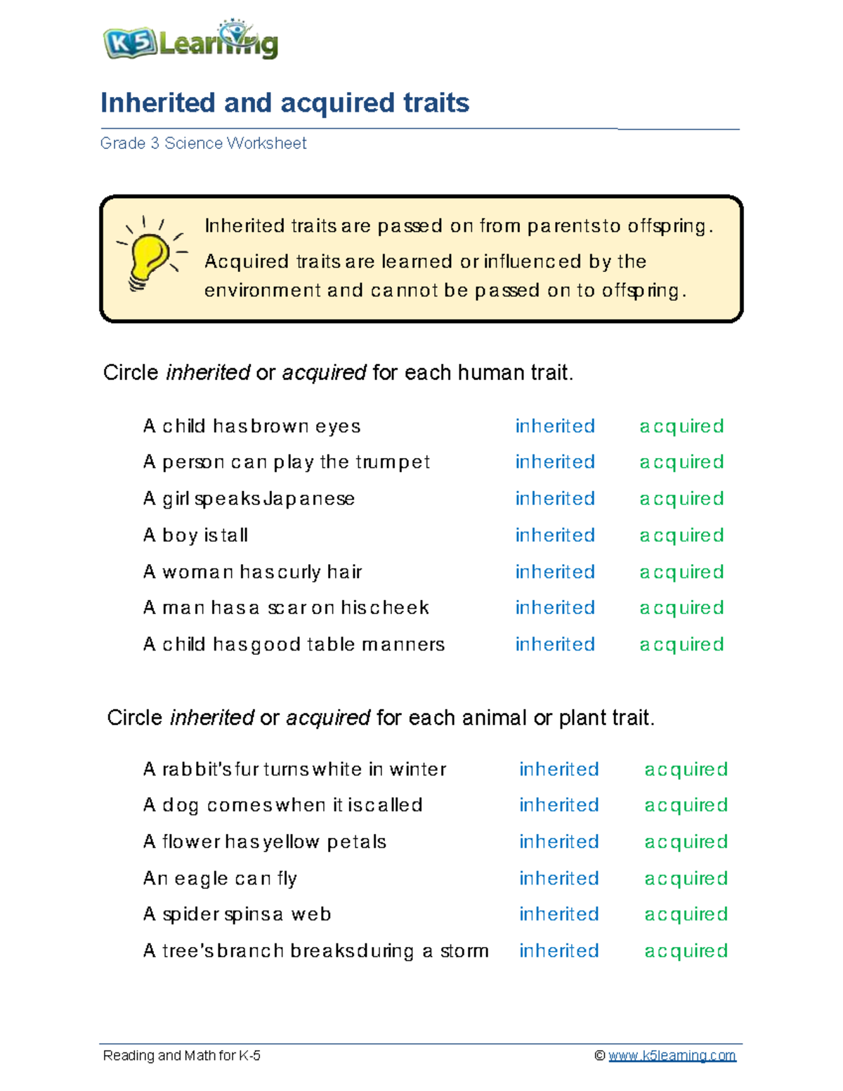 Grade 3 inherited acquired traits b - Reading and Math for K- 5 ...