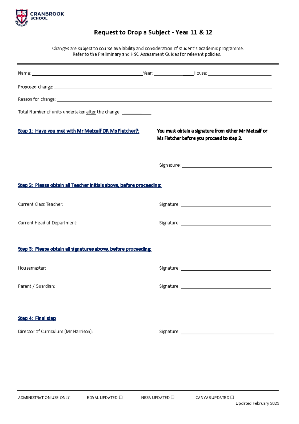 Request to Drop Subject Form Y11 12-3 - ADMINISTRATION USE ONLY: EDVAL ...