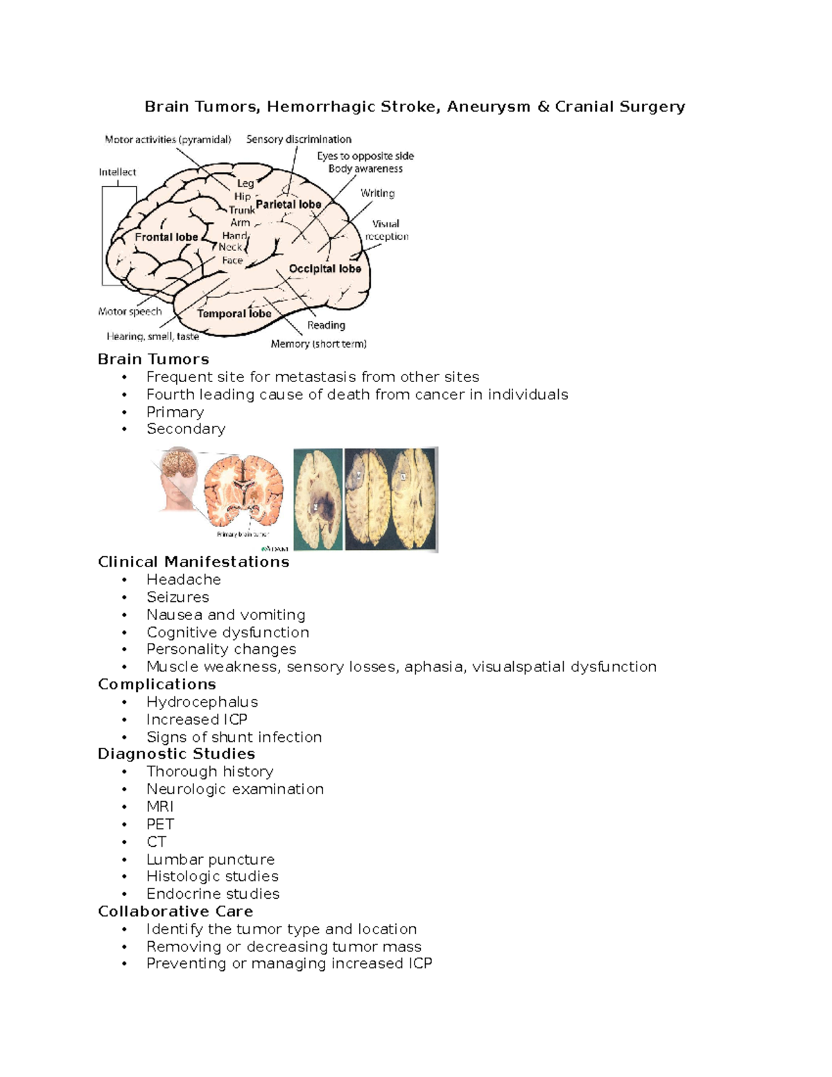 Brain Tumors - Lecture notes - Brain Tumors, Hemorrhagic Stroke ...