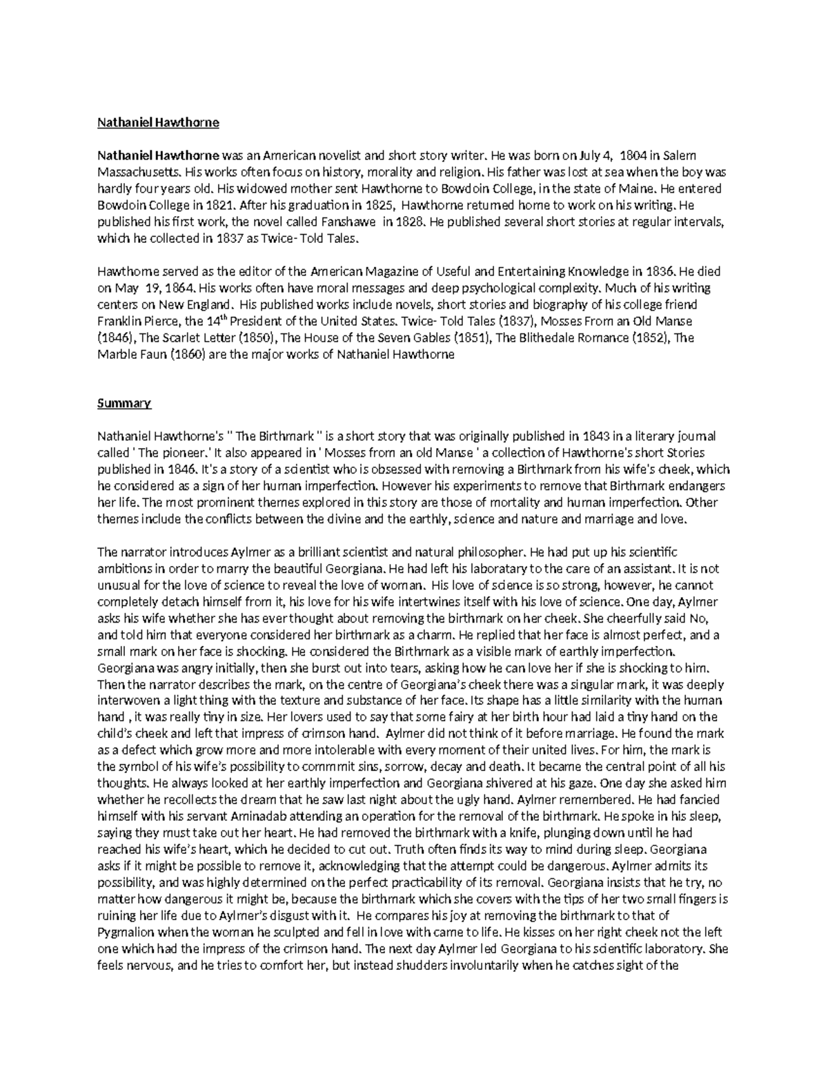 Birthmark notes - Nathaniel Hawthorne Nathaniel Hawthorne was an ...