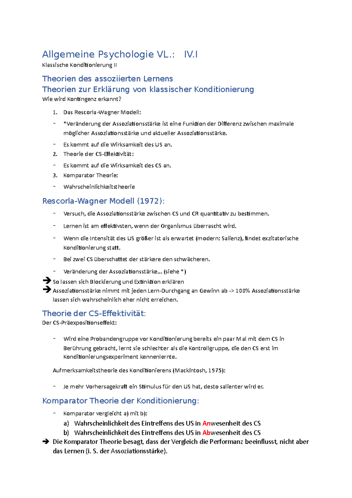 Allgemeine Psychologie VL - : IV Klassische Konditionierung II Theorien des assoziierten Lernens ...