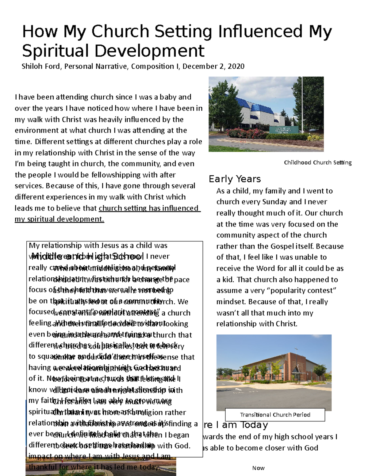 Personal Narrative Assignment ENG101 - How My Church Setting Influenced ...