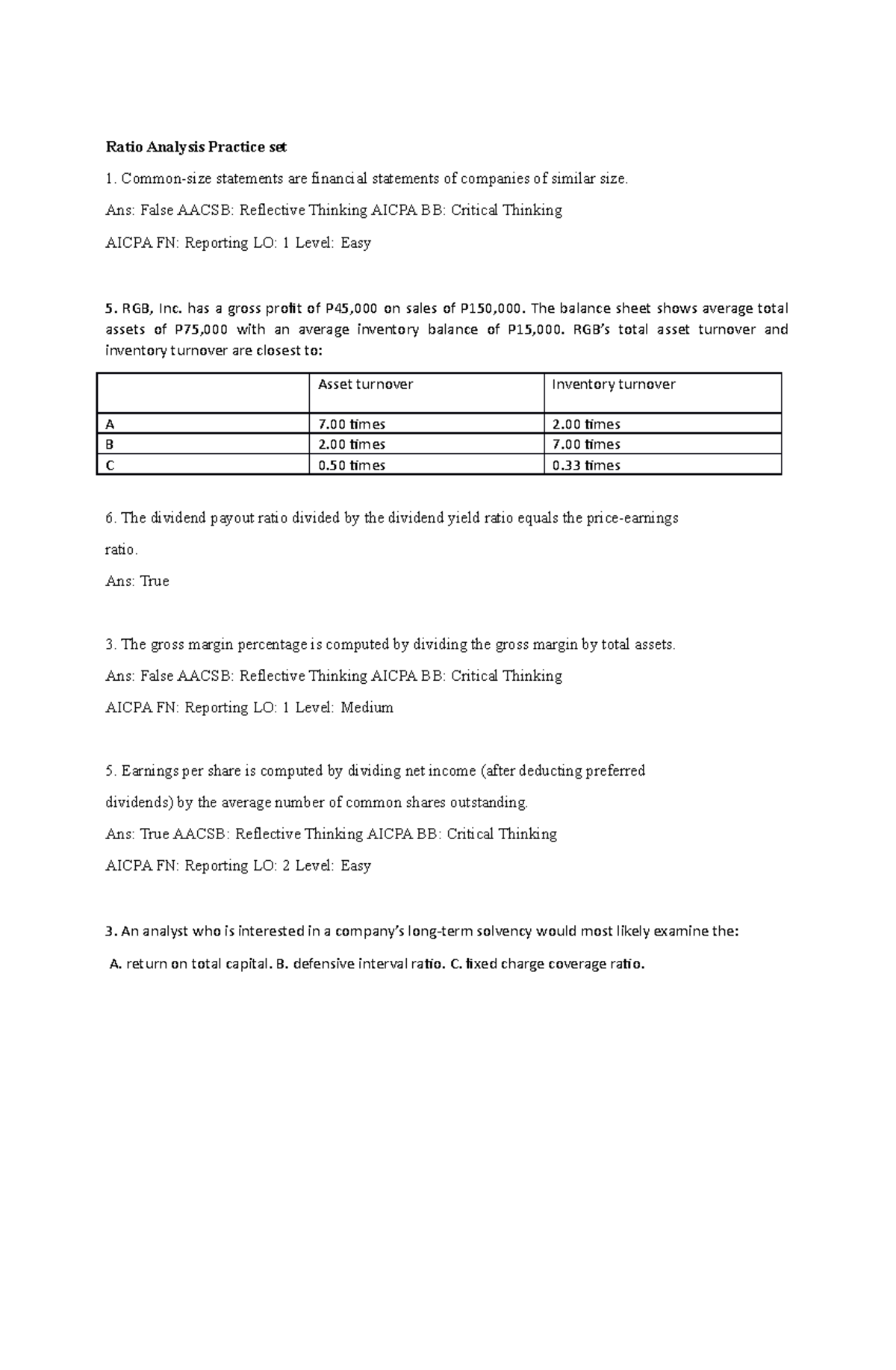 Ratio Analysis Practice set 1201- practice problems - Ratio Analysis ...