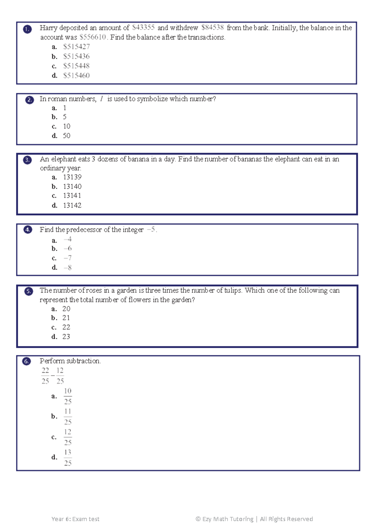 Year 6 Maths Test - Yearly Exam - Questions - 2. In roman numbers, is ...