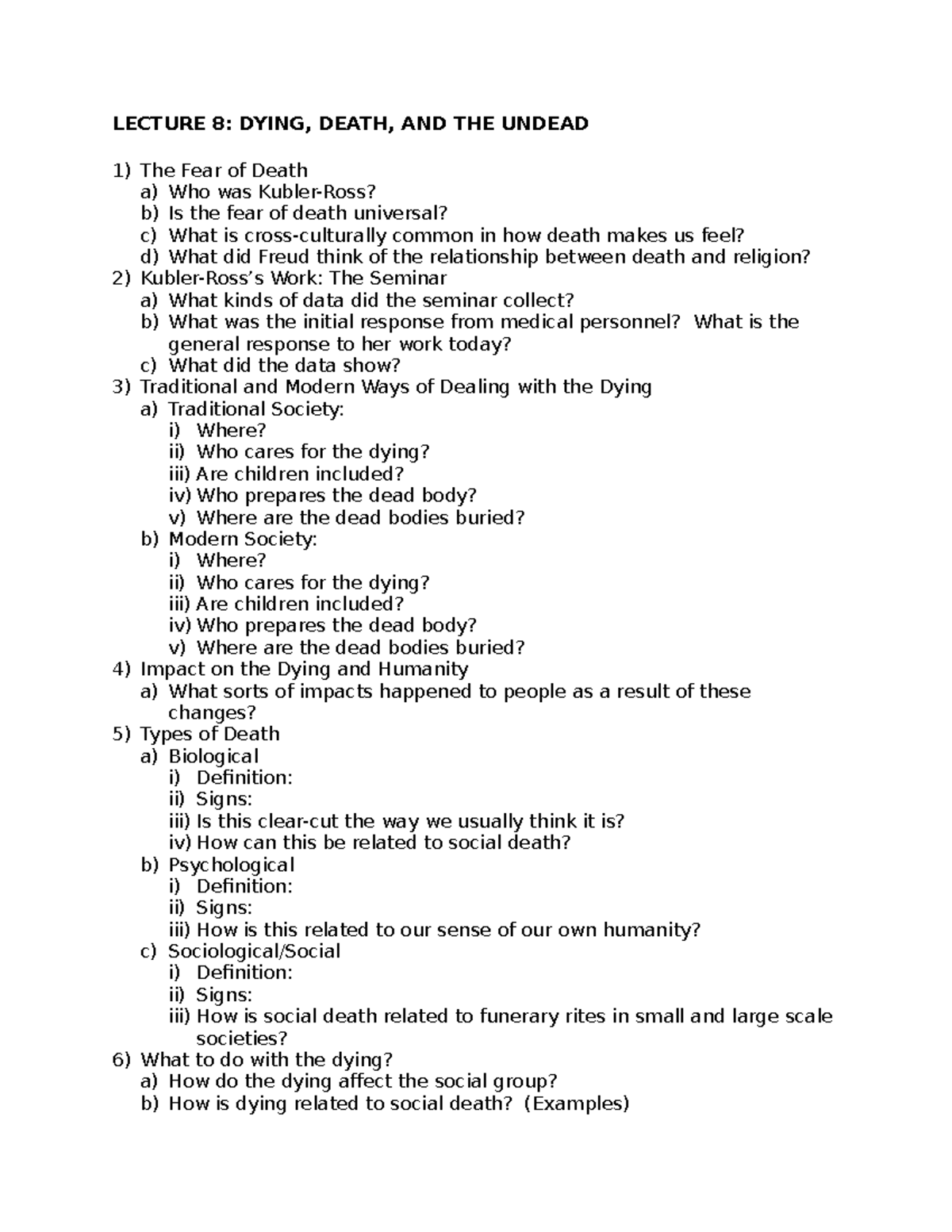 Lecture 8 Outline - LECTURE 8: DYING, DEATH, AND THE UNDEAD The Fear of ...