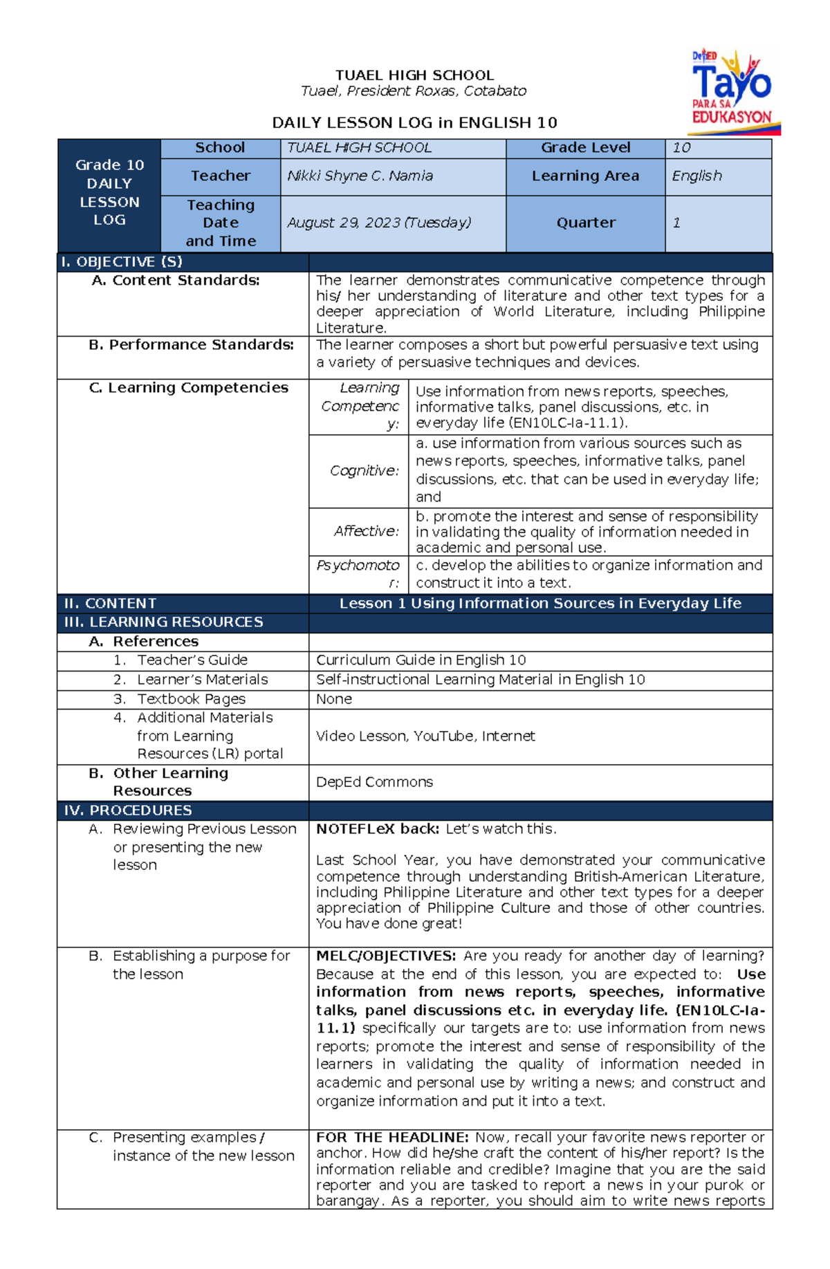 1.1 ENG 10 - Lesson Plan for English 10 - TUAEL HIGH SCHOOL Tuael ...