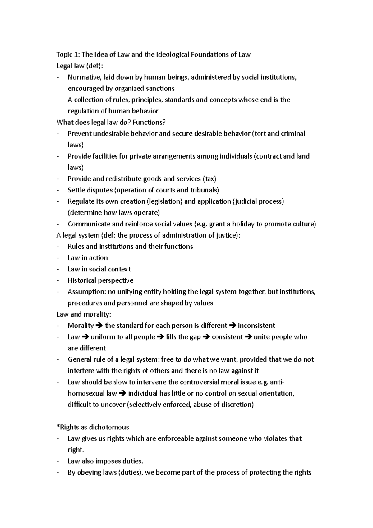 Legal System Topic 1 - Idea of law - Topic 1: The Idea of Law and the ...