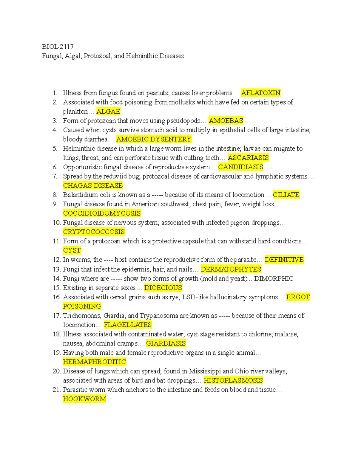 BIOL 2117 Fungal, Algal, Protozoal, and Helminthic Diseases - .. AFLATOXIN Associated with food ...