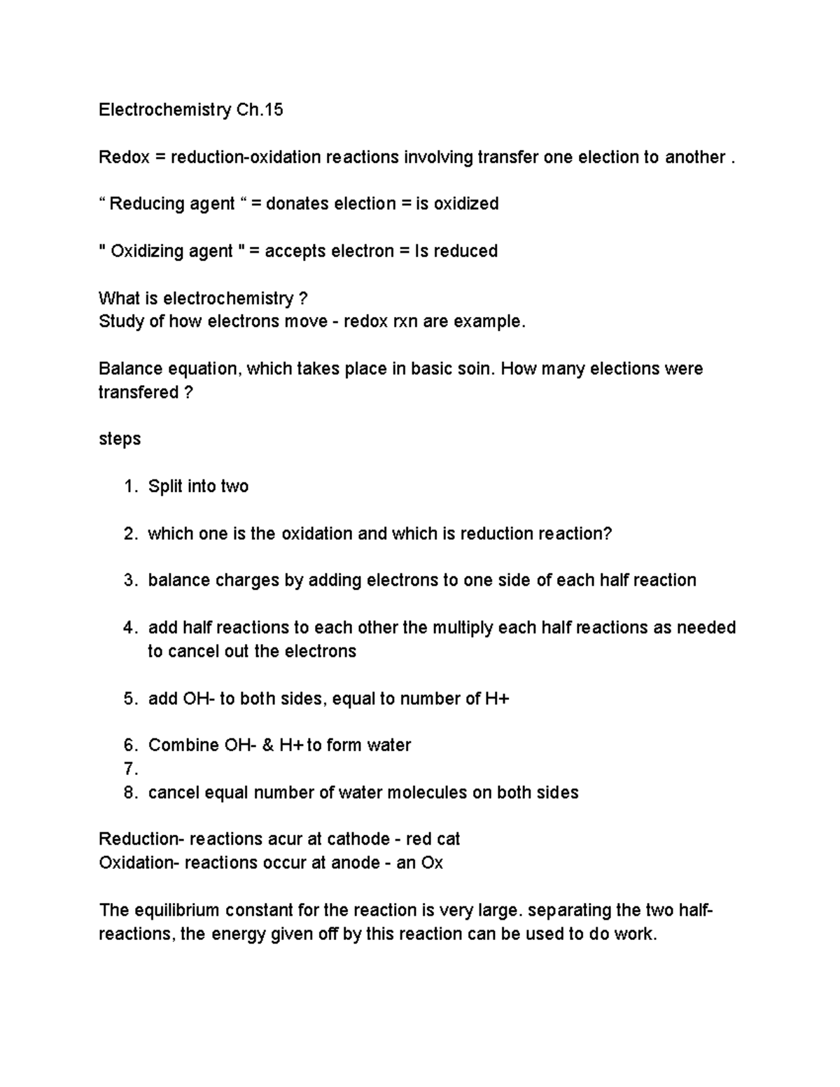 Chem ch.15 notes - Electrochemistry Ch. Redox = reduction-oxidation ...