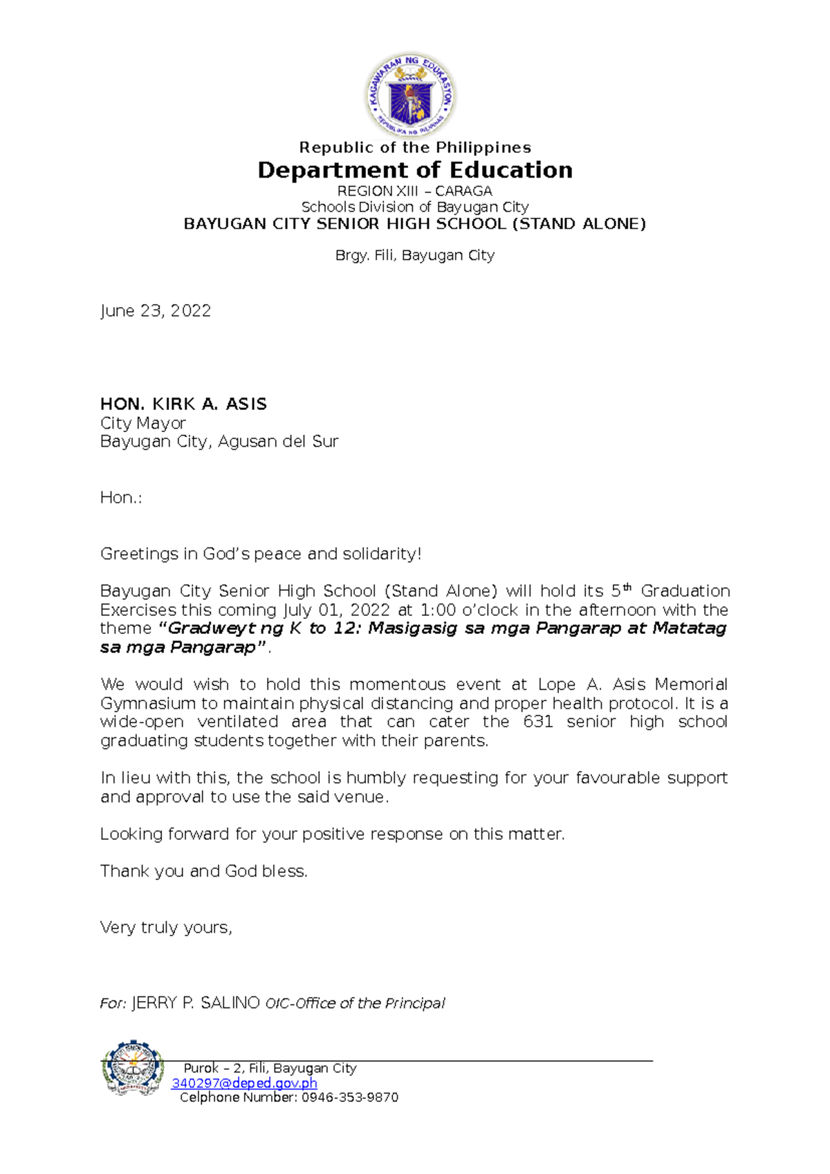 Letter - Republic of the Philippines Department of Education REGION ...