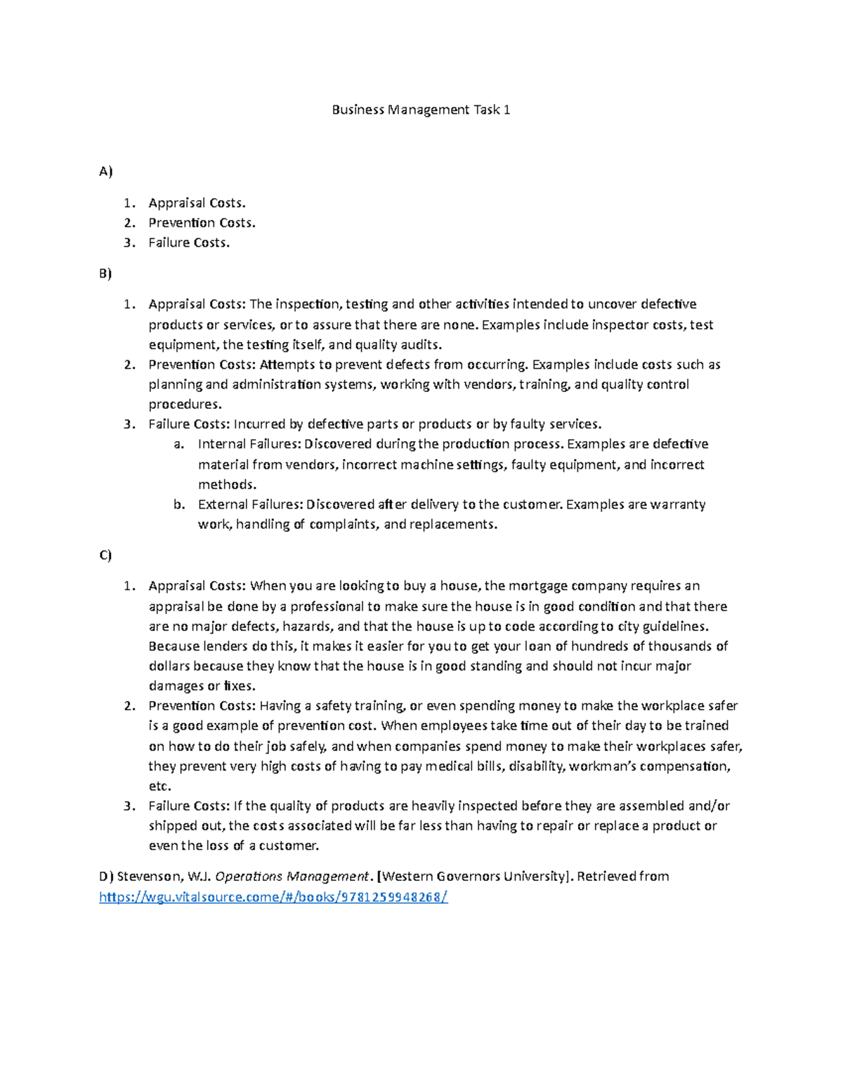 Business Management Task 1 - Prevention Costs. Failure Costs. B ...