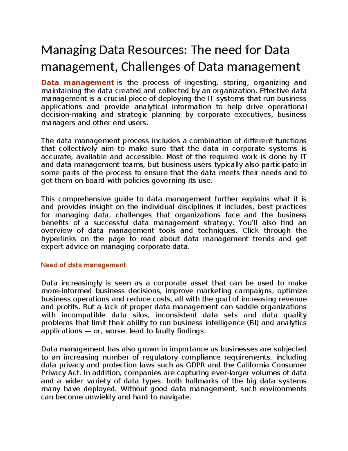 MIS UNIT 3 - Managing Data Resources: The need for Data management ...
