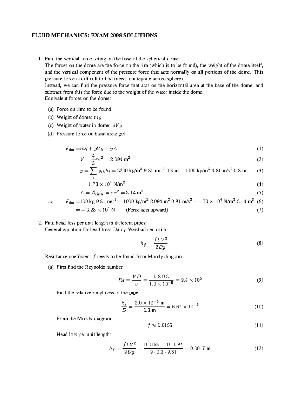 Exam 2008, questions and answers - FLUID MECHANICS: EXAM 2008 SOLUTIONS ...