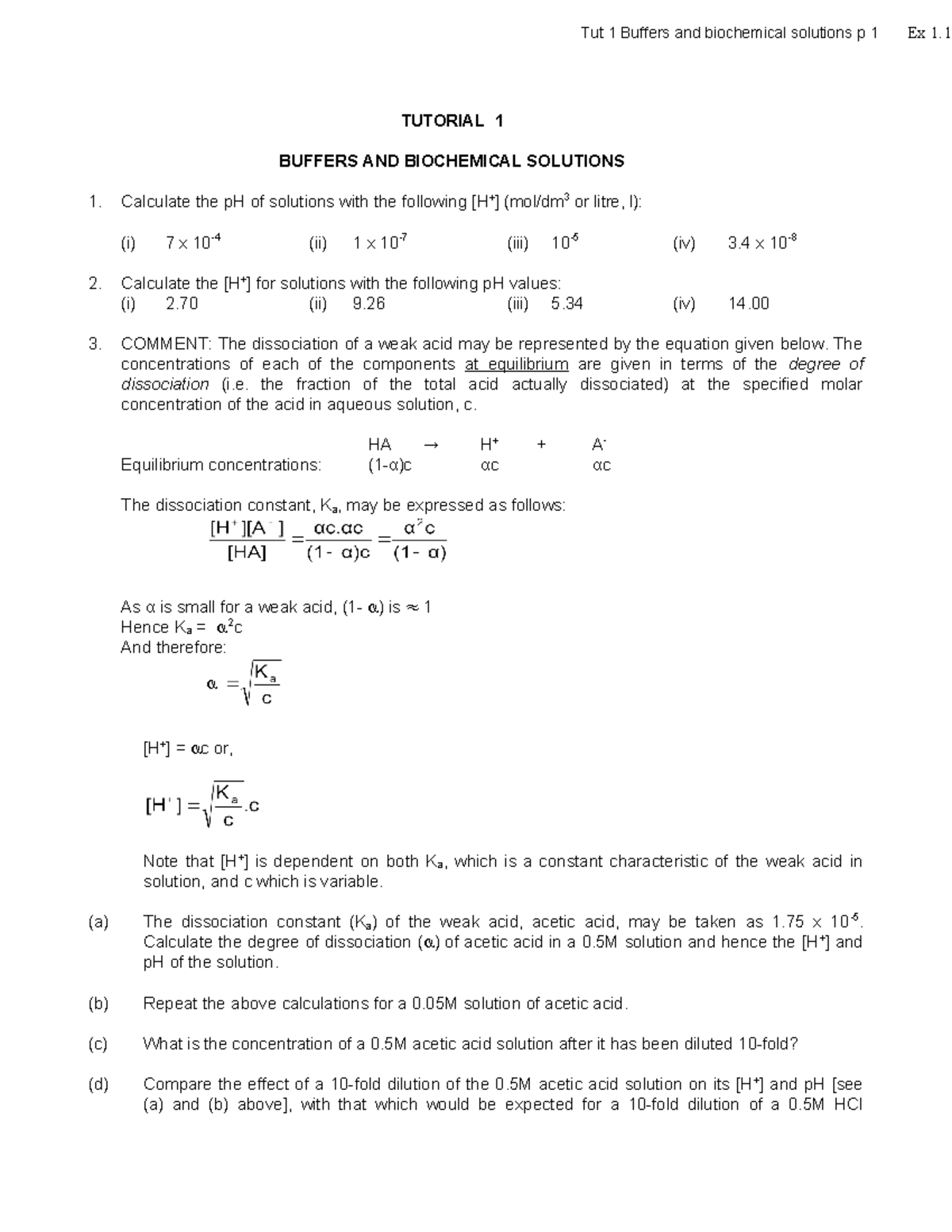 BIOC201 Tut 1 Buffers Biochemical Solutions 2020 - Ex 1. 1 TUTORIAL 1 BUFFERS AND BIOCHEMICAL ...
