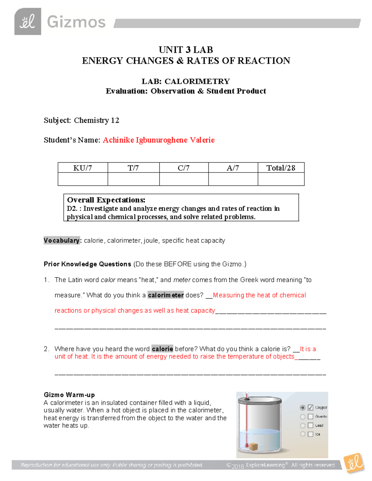Calorimetry Lab SE - UNIT 3 LAB ENERGY CHANGES & RATES OF REACTION LAB ...