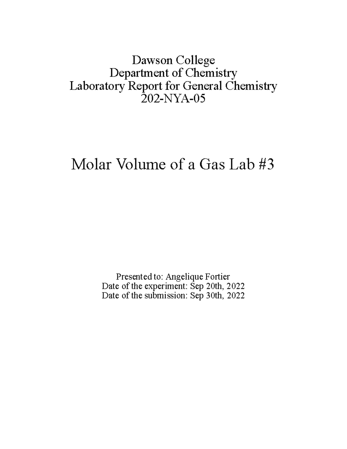 Molar volume of a gas Lab #3 - Dawson College Department of Chemistry ...
