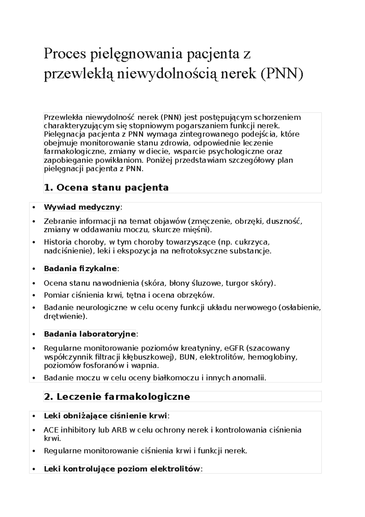 Proces pielęgnowania pacjenta z przewlekłą niewydolnością nerek (PNN) - Proces pielęgnowania ...