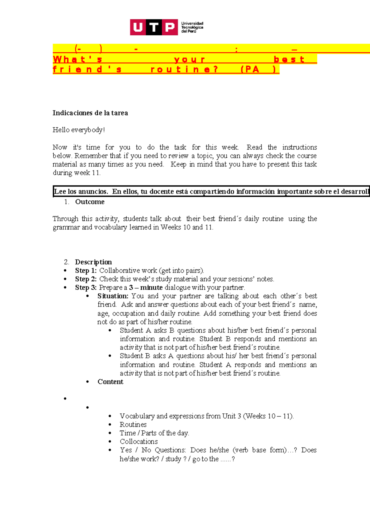 🔴 (AC-S11) Week 11 - Task Assignment – What's your best friend's routine (PA5) ( Ingles 1 ...