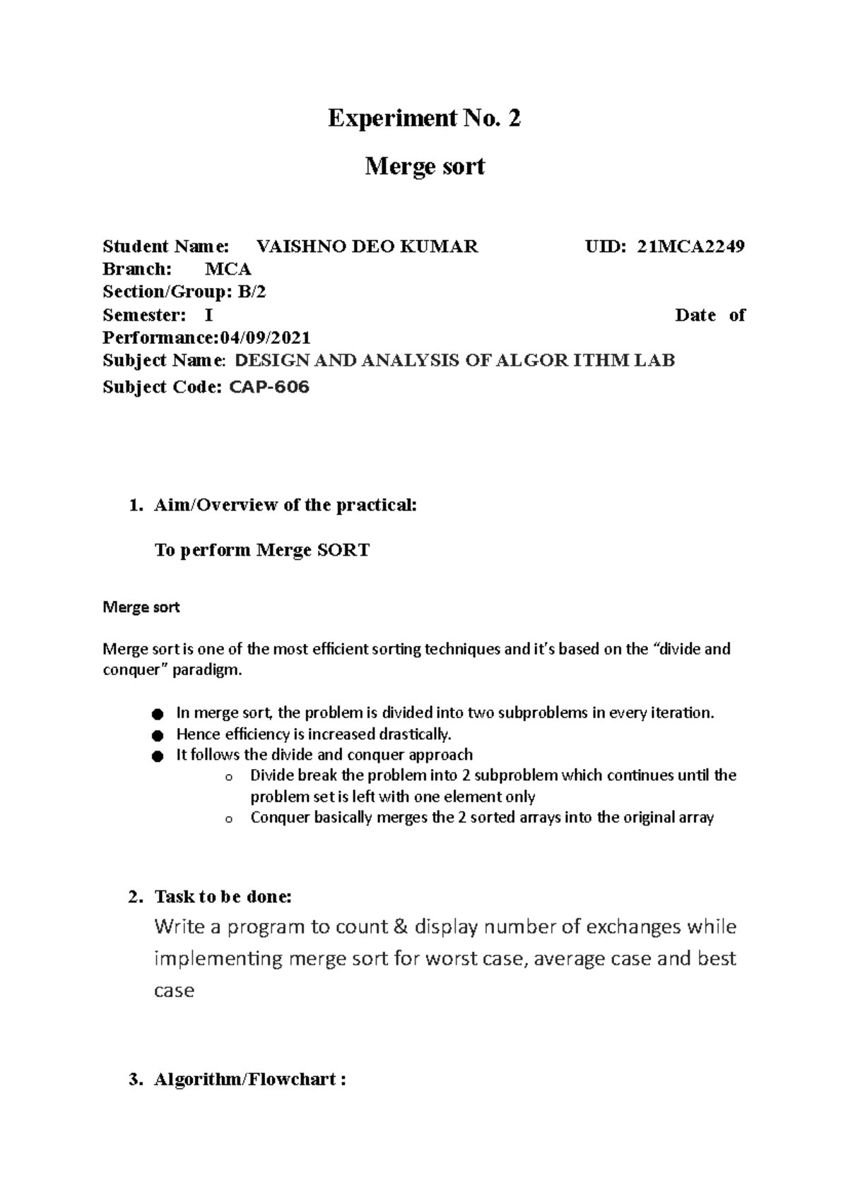 DAA PRACTICAL WORKSHEET - Experiment No. 2 Merge sort Student Name ...