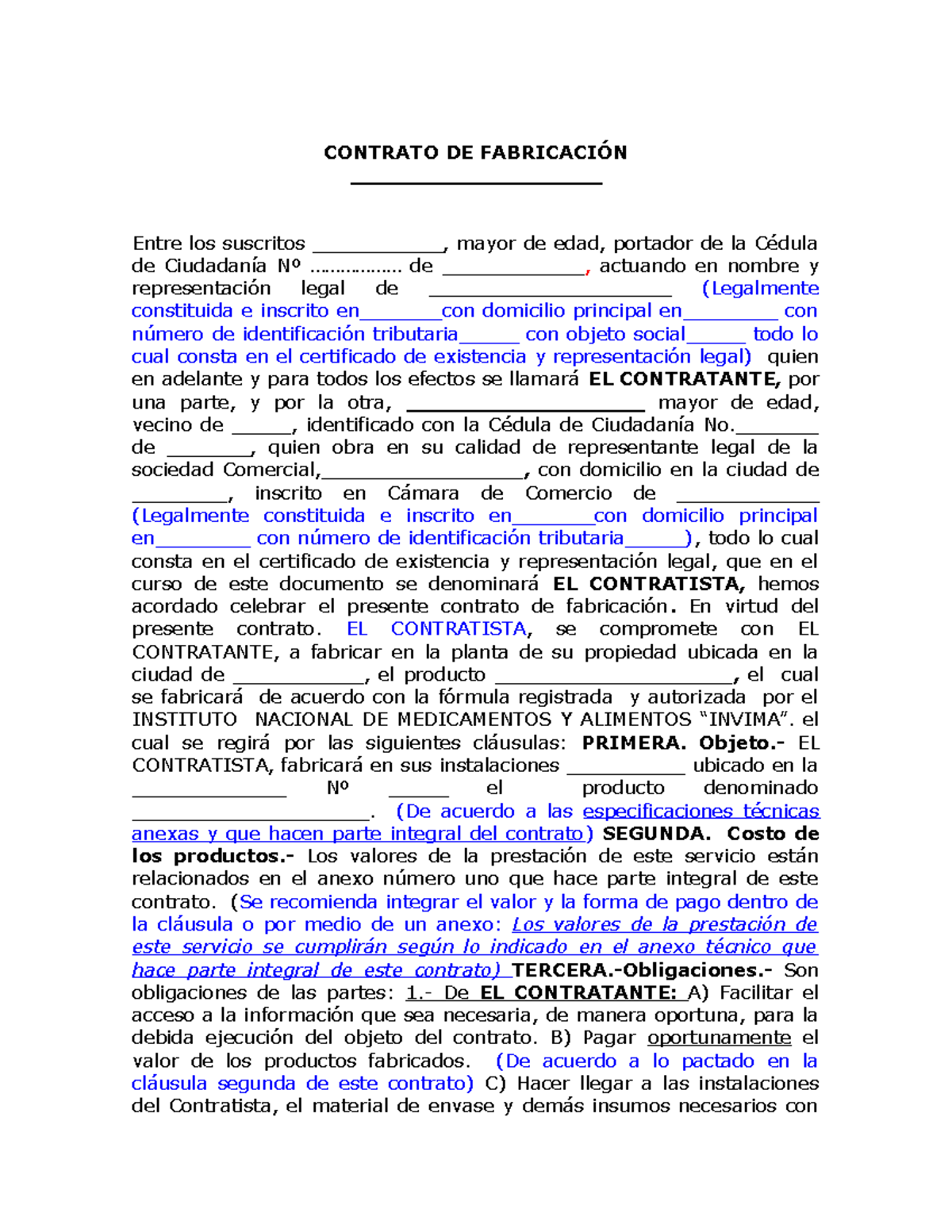 Contrato DE Maquila - CONTRATO DE FABRICACIÓN ___________________ Entre ...