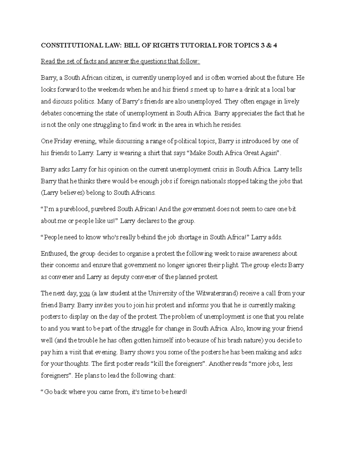 TUT for topics 3 & 4 - Con Law - CONSTITUTIONAL LAW: BILL OF RIGHTS ...