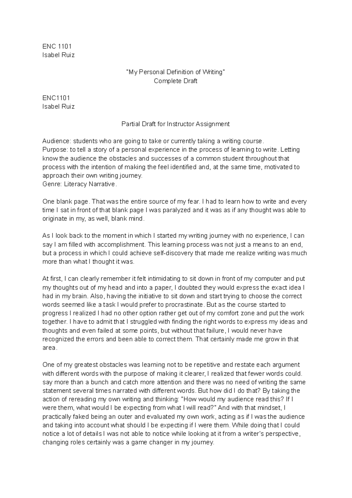 Complete Draft of My personal Definition of Writing - ENC 1101 Isabel ...