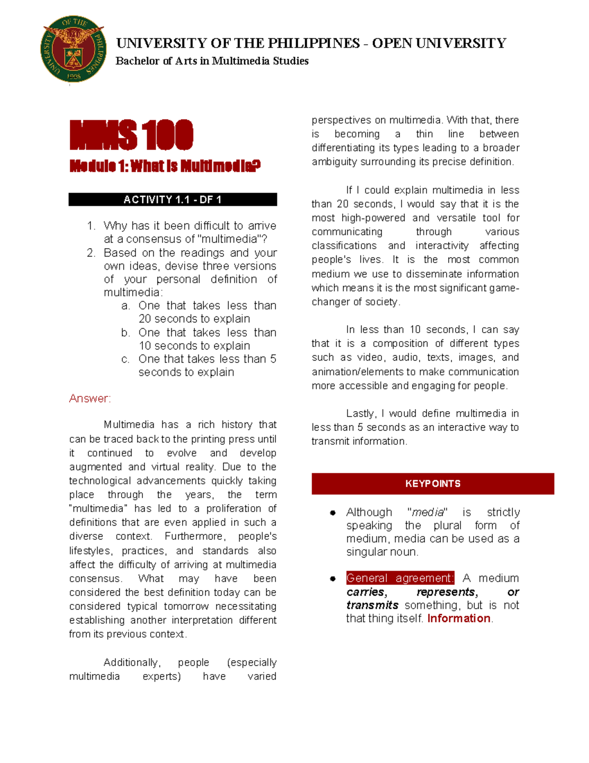 MMS 100 - Module 1 - UNIVERSITY OF THE PHILIPPINES - OPEN UNIVERSITY ...