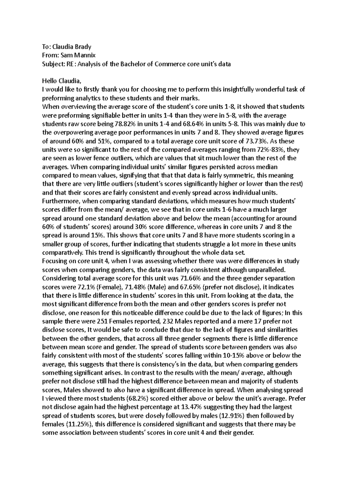 MIS171 word - Grade: 85 - To: Claudia Brady From: Sam Mannix Subject ...