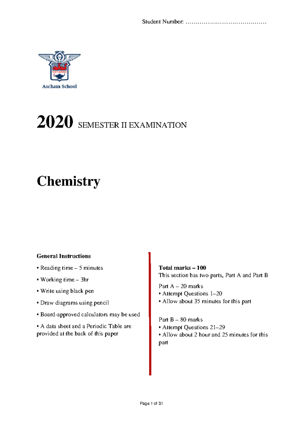 Chem Trial Exam v9 2020 - 2020 SEMESTER II EXAMINATION Chemistry ...