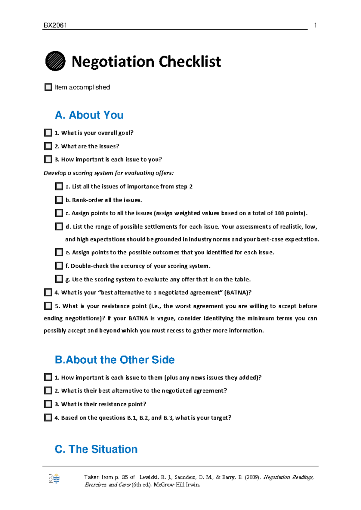 BX2061 Negotiation Checklist - BX2061 1 Taken from p. 35 of Lewicki, R ...