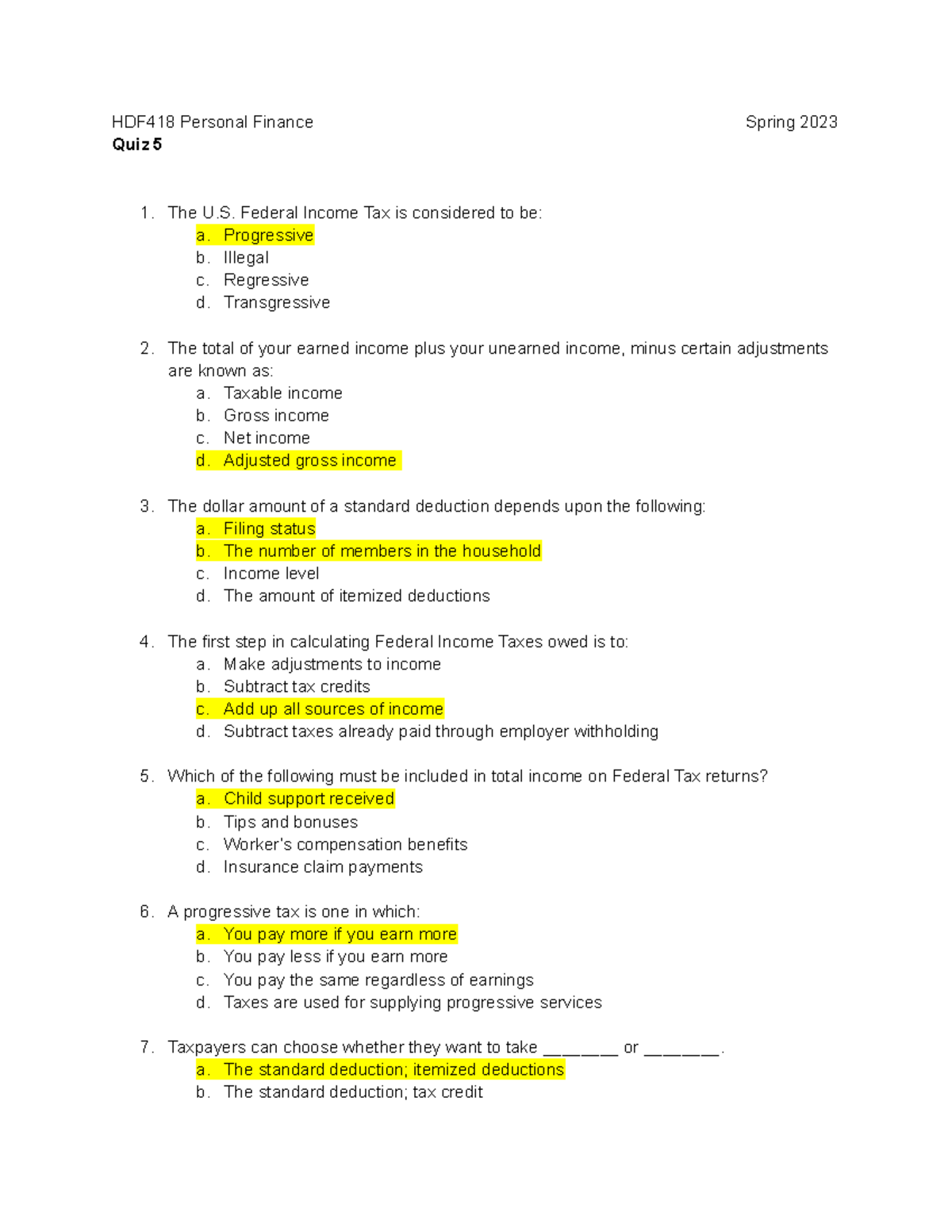 HDF418 Quiz 5 - Spring 2023 - HDF418 Personal Finance Spring 2023 Quiz ...