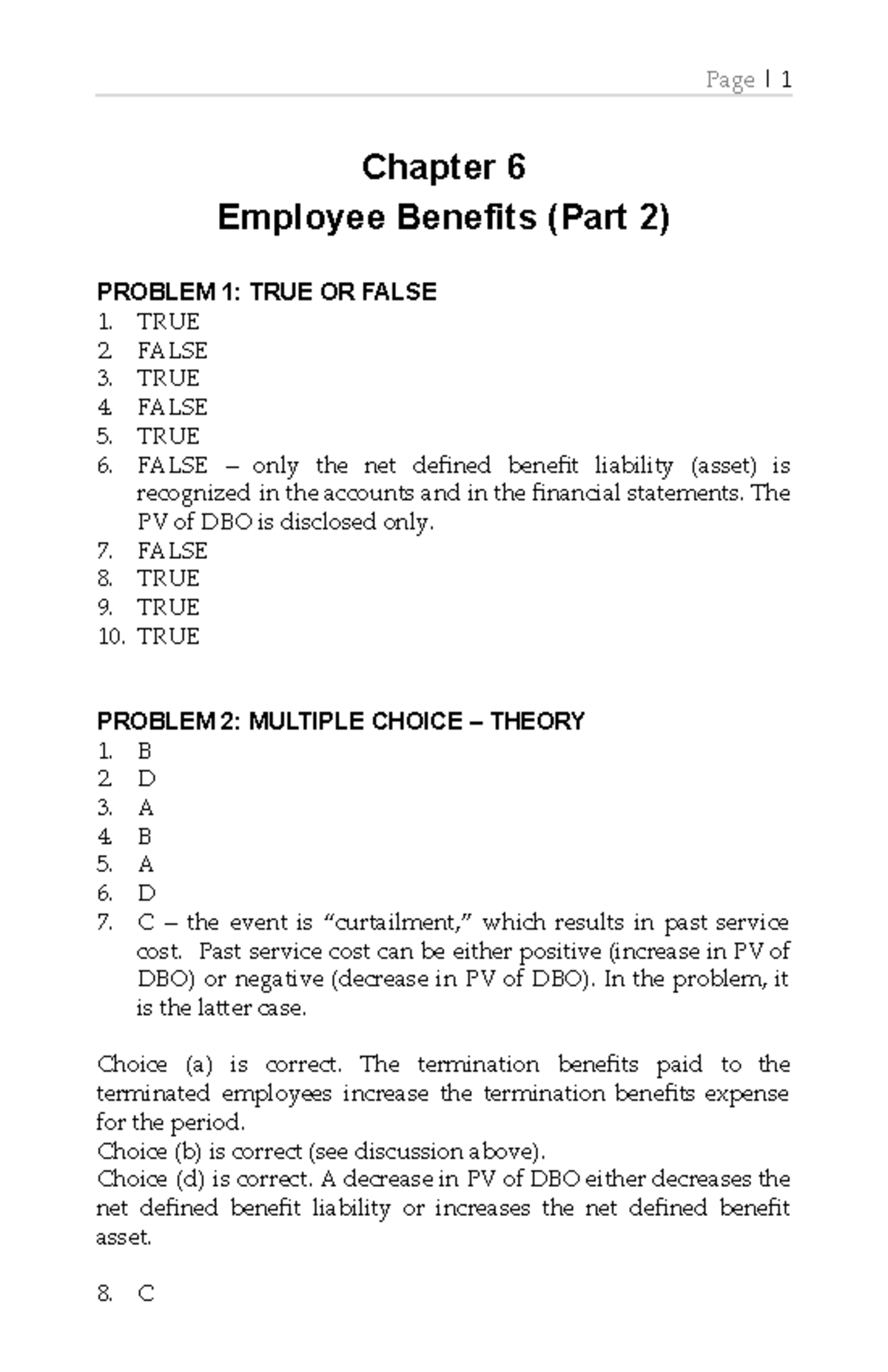 EMPLOYEE BENEFITS PART 2 - Chapter 6 Employee Benefits (Part 2) PROBLEM ...