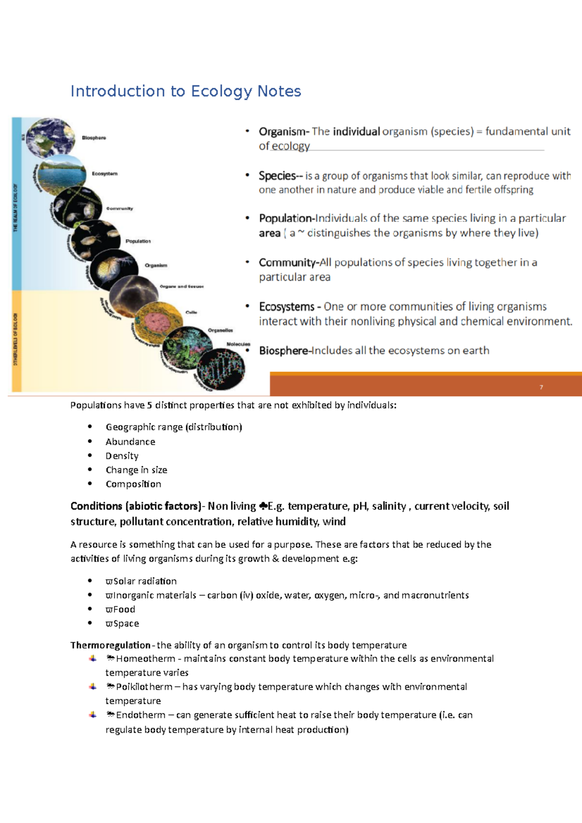 Lecture 1 notes - Introduction to Ecology Notes Populations have 5 ...