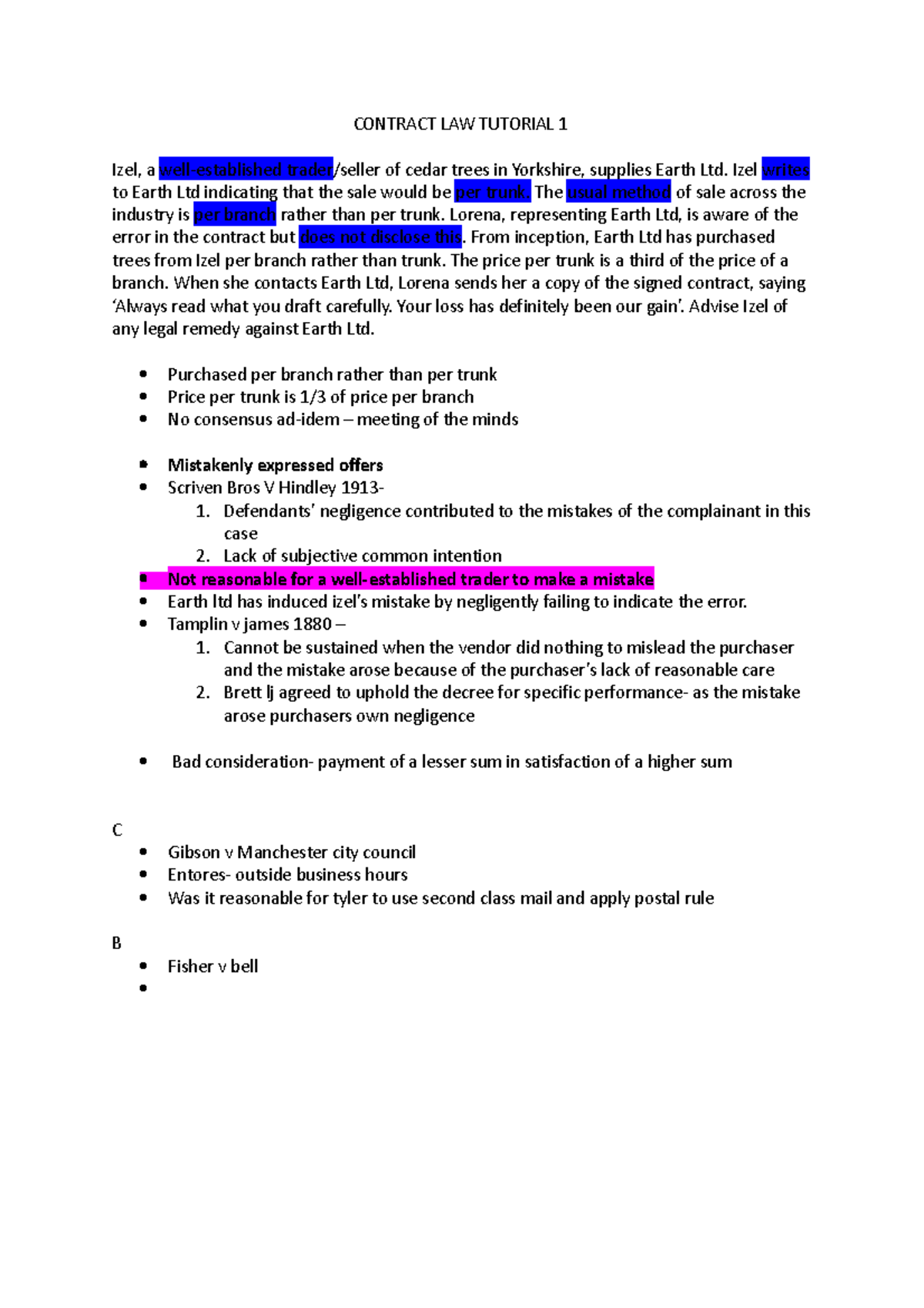 Contract Law T1 - tutorial 1 notes - CONTRACT LAW TUTORIAL 1 Izel, a ...