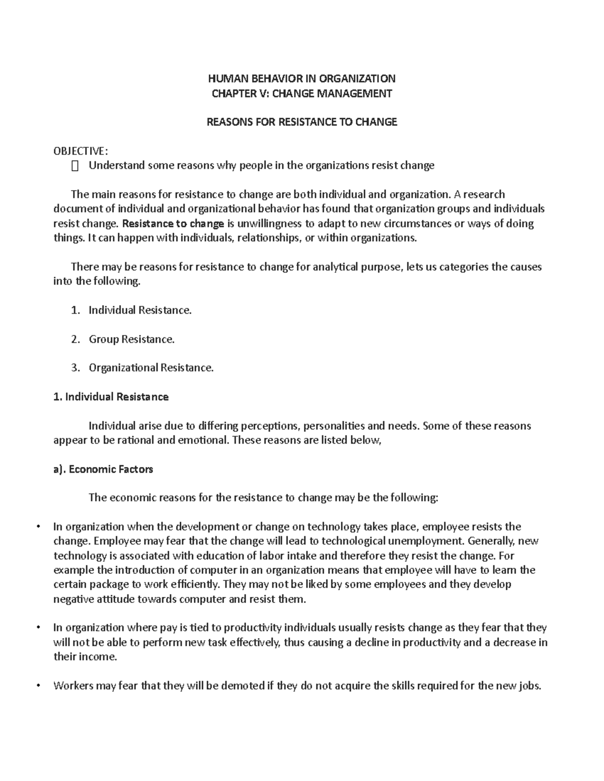 Reasons for Resistance to Change - A research document of individual ...