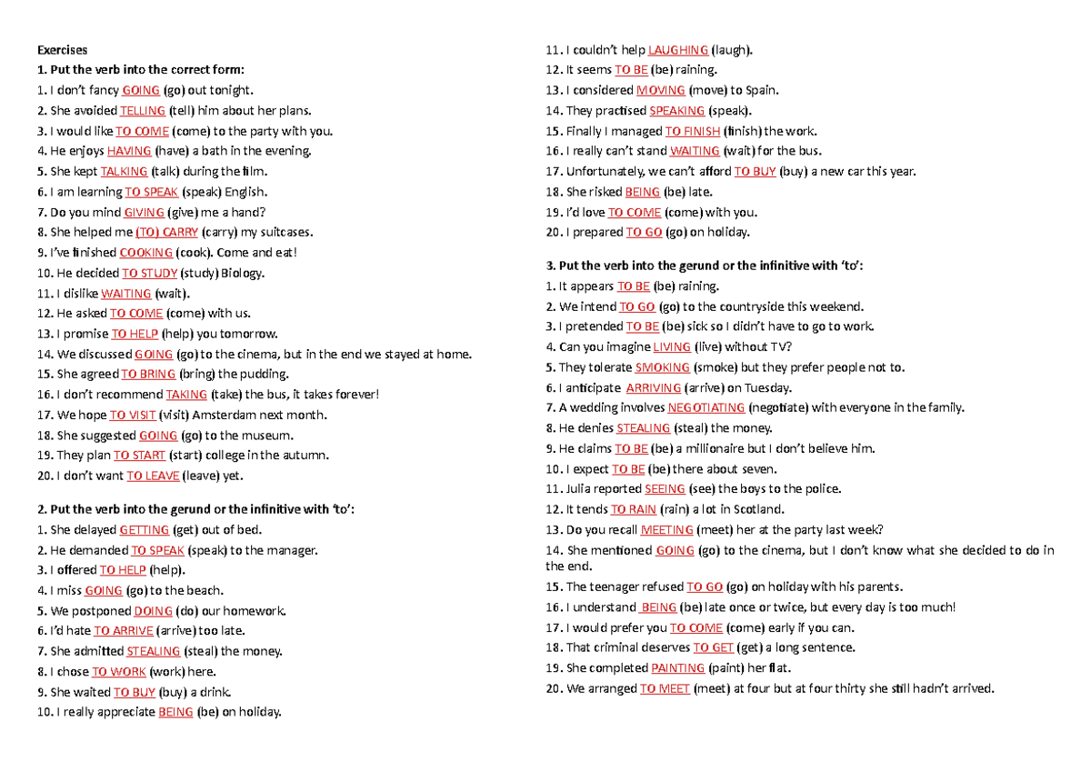 Gerund or infinitive exercises Answers - ingles - UCE - StuDocu