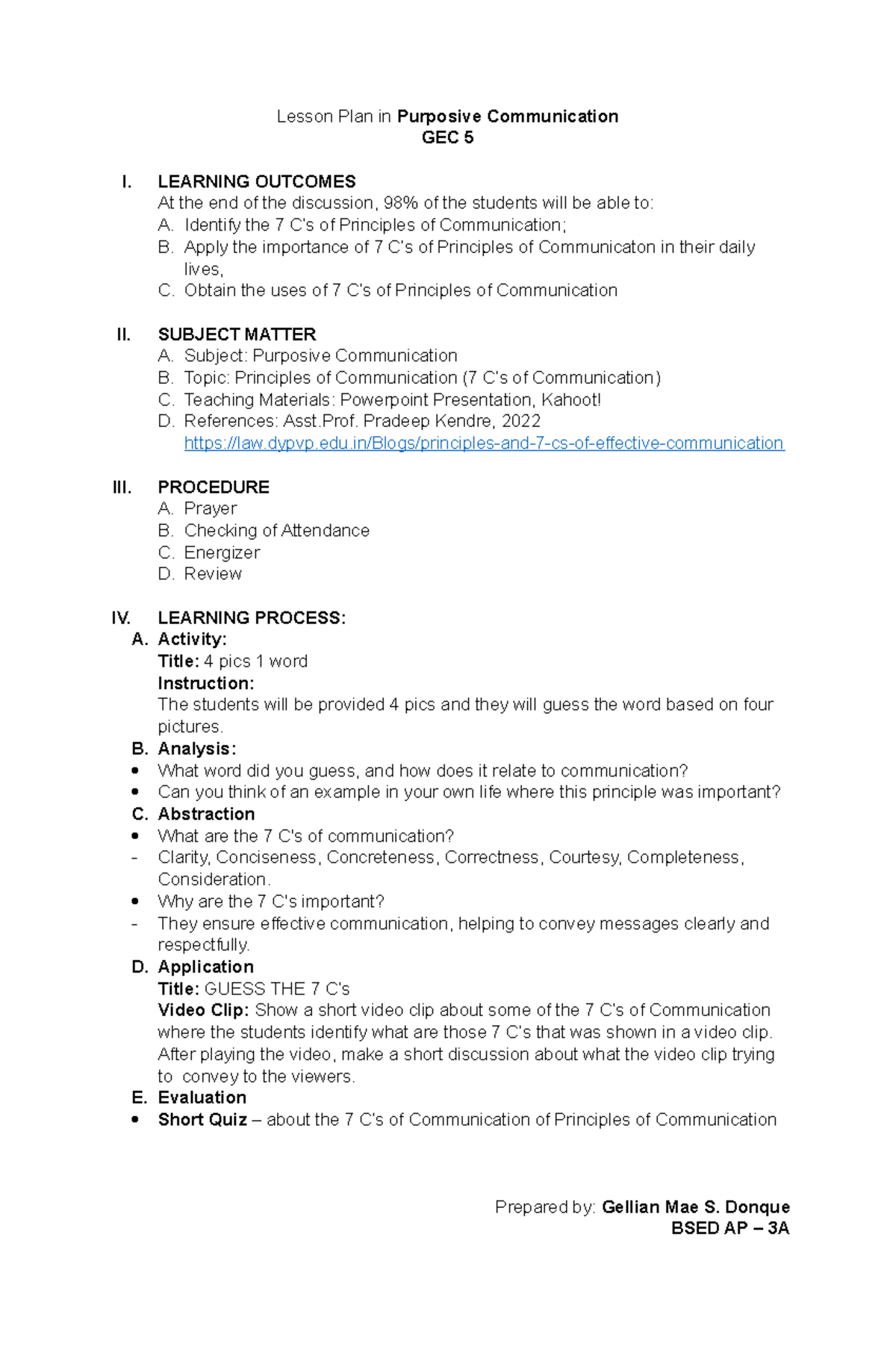 Lesson Plan in GEC 5 - Lesson Plan in Purposive Communication GEC 5 I ...