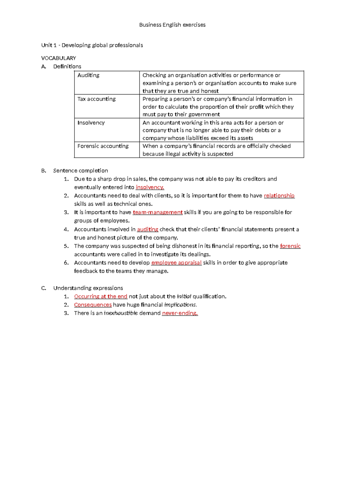 Business English exercises - Unit 1 - Developing global professionals ...
