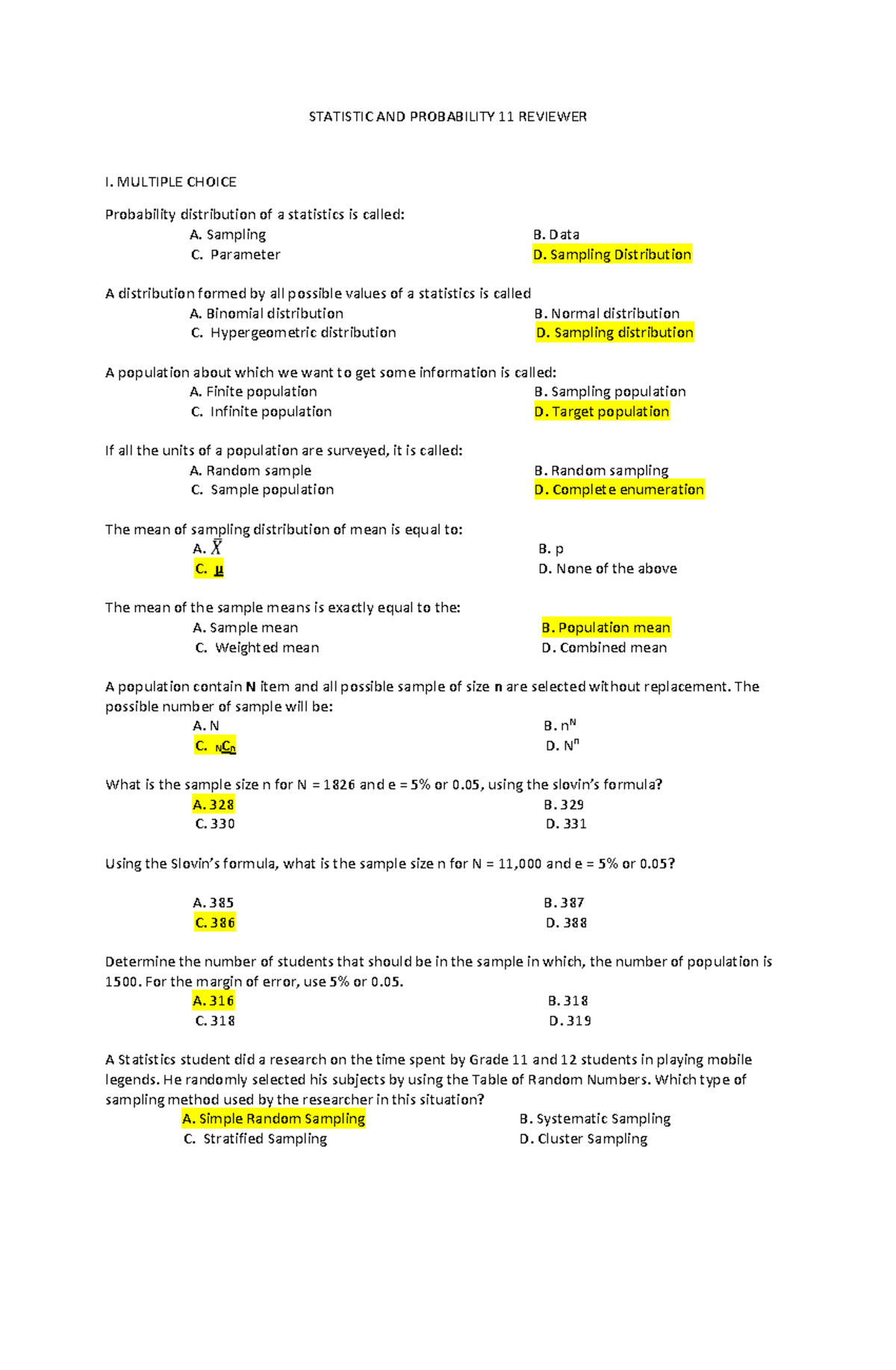 Stats AND PROB 11 Reviewer - STATISTIC AND PROBABILITY 11 REVIEWER I ...