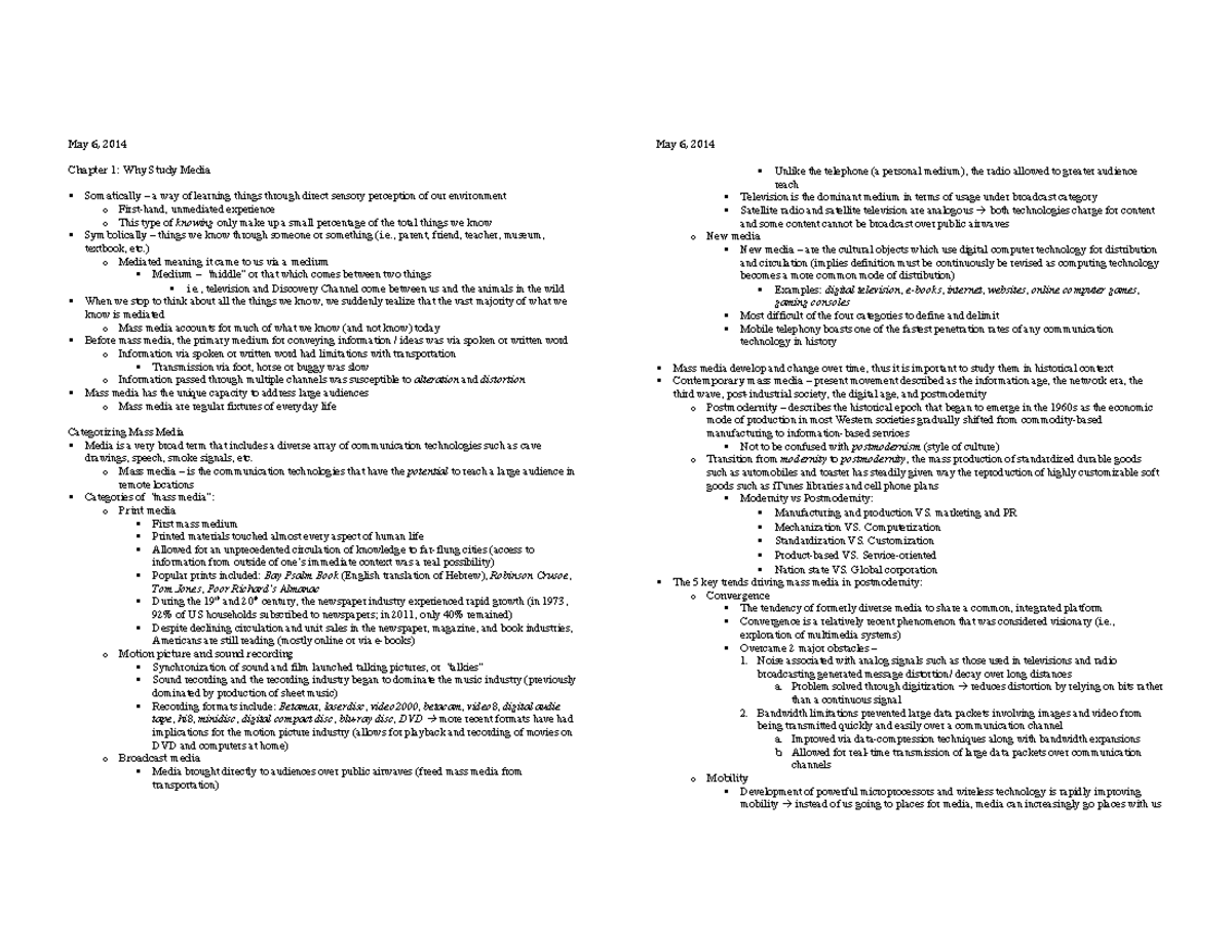 Chapter-1 - Lecture notes 1 - Chapter 1: Why Study Media ...
