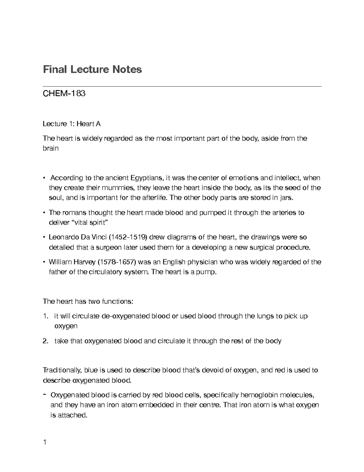 Chem final notes - Final Lecture Notes CHEM- Lecture 1: Heart A The ...