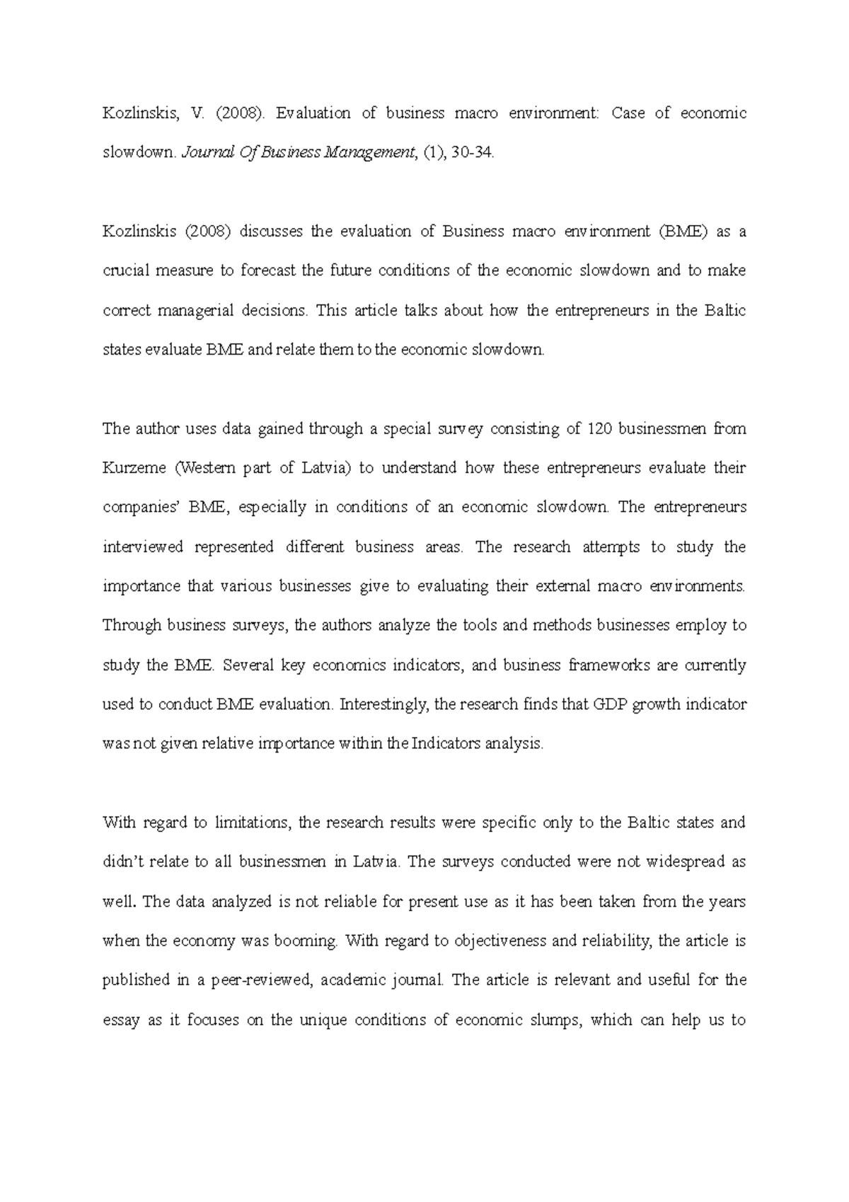 MGC1010 AB3 - AB essay - Kozlinskis, V. (2008). Evaluation of business ...