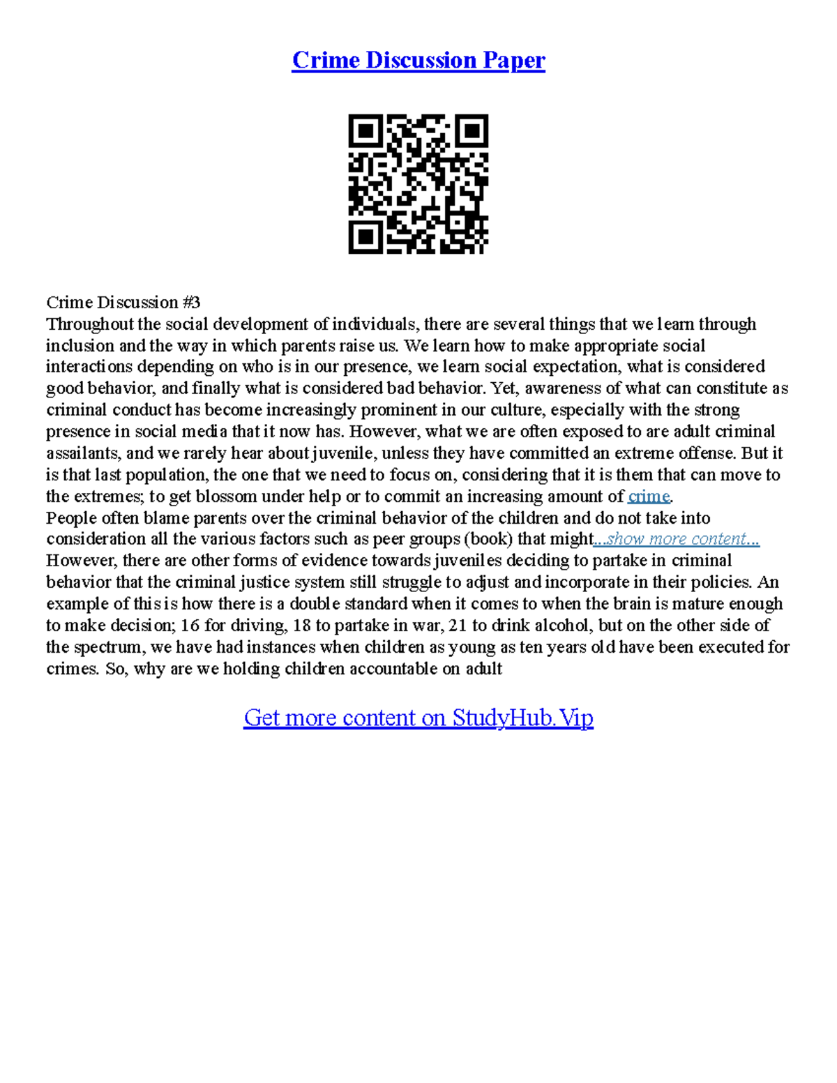 Discussion Essay - Crime Discussion Paper Crime Discussion # Throughout ...