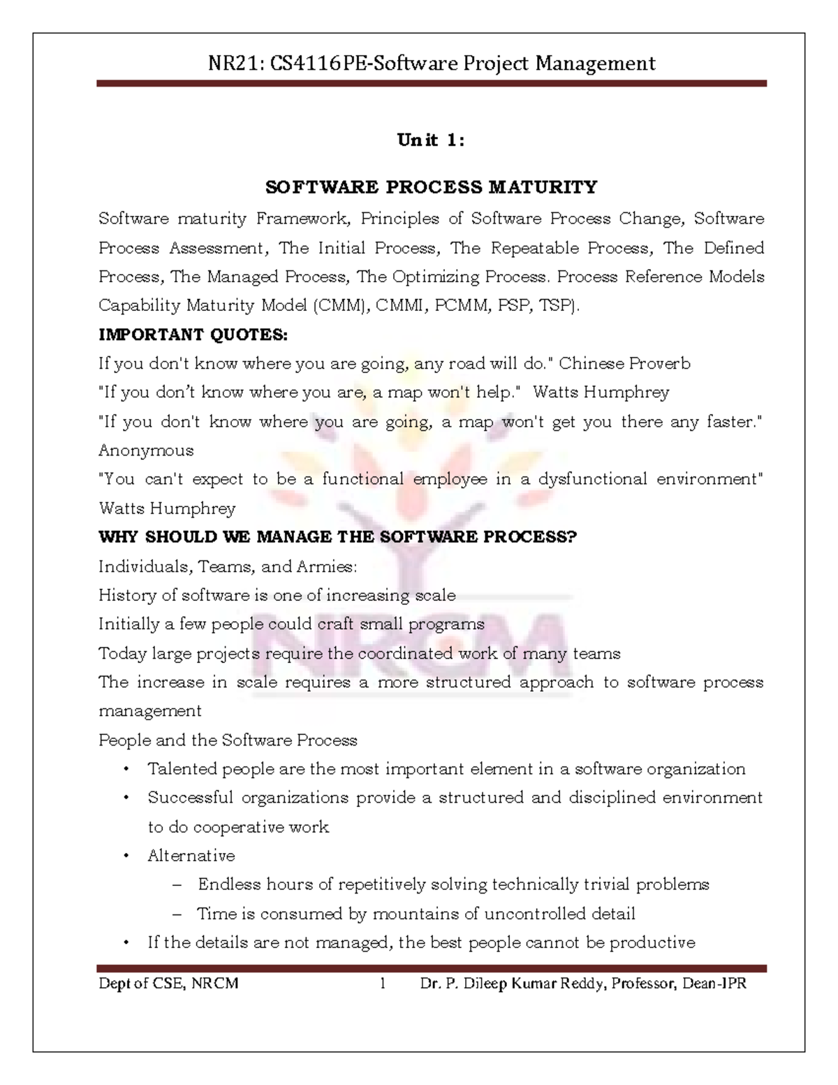 Sppmall - ... - Unit 1: SOFTWARE PROCESS MATURITY Software maturity Framework, Principles of ...