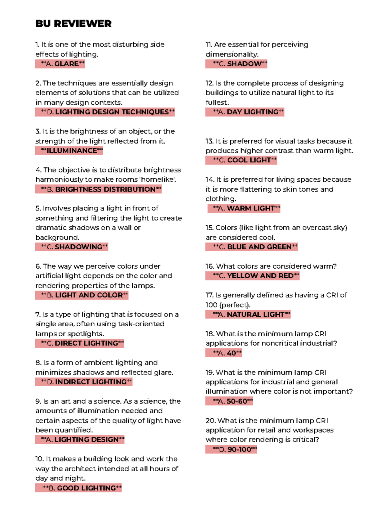 Lighting-Building utilities - BU REVIEWER 1. It is one of the most ...