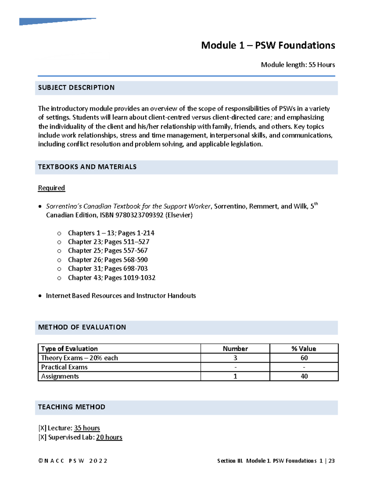 PSW Foundations - PSW - Module 1 – PSW Foundations Module length: 55 Hours SUBJECT DESCRIPTION ...