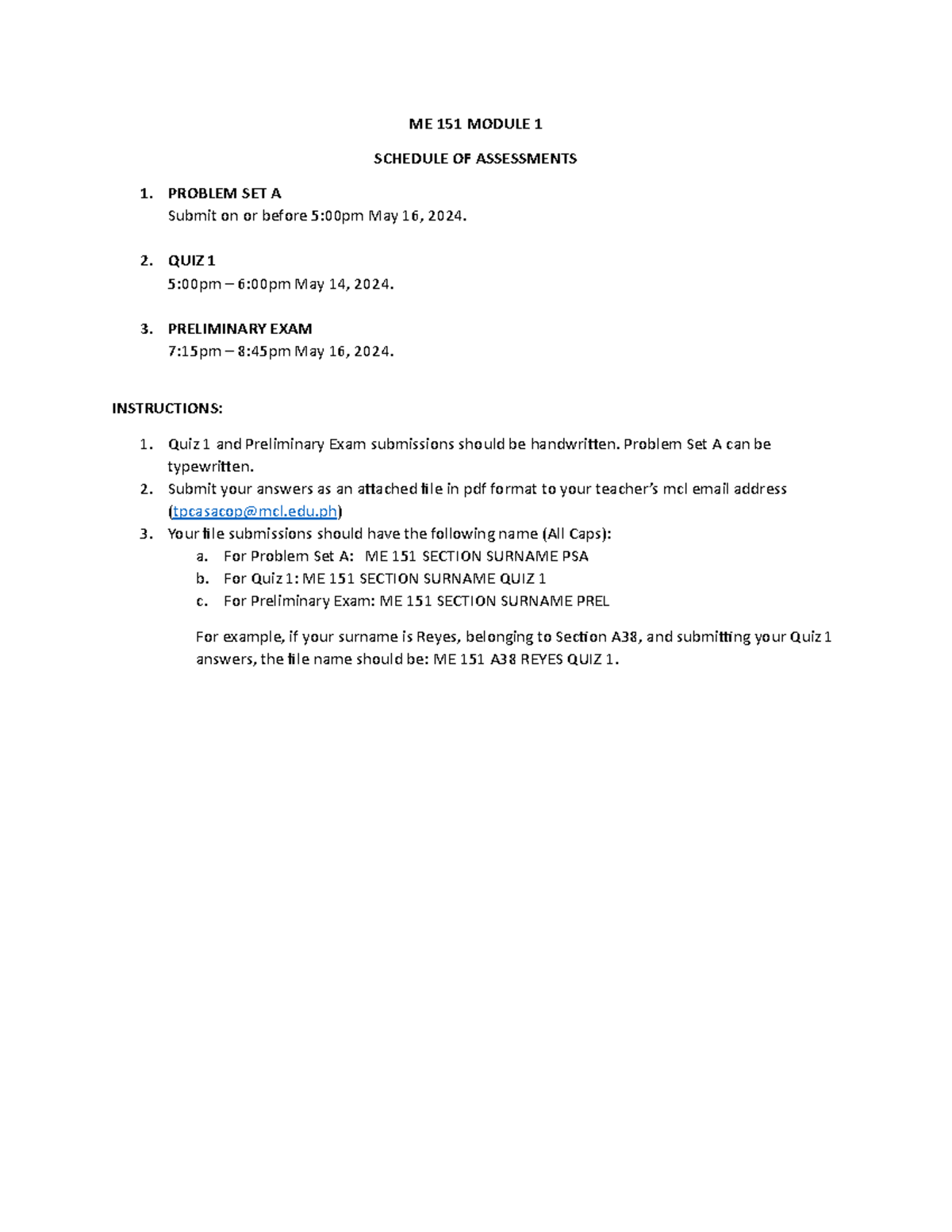 ME 151 MOD 1 Schedule OF Assessments - ME 1 51 MODULE 1 SCHEDULE OF ...