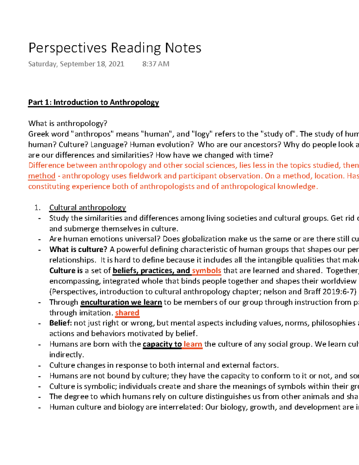 Perspectives Reading Notes - Part 1: Introduction to Anthropology What ...